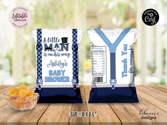Editable A Little Man Chip Bag, Navy Blue Boy Baby Shower Chip Bag ...