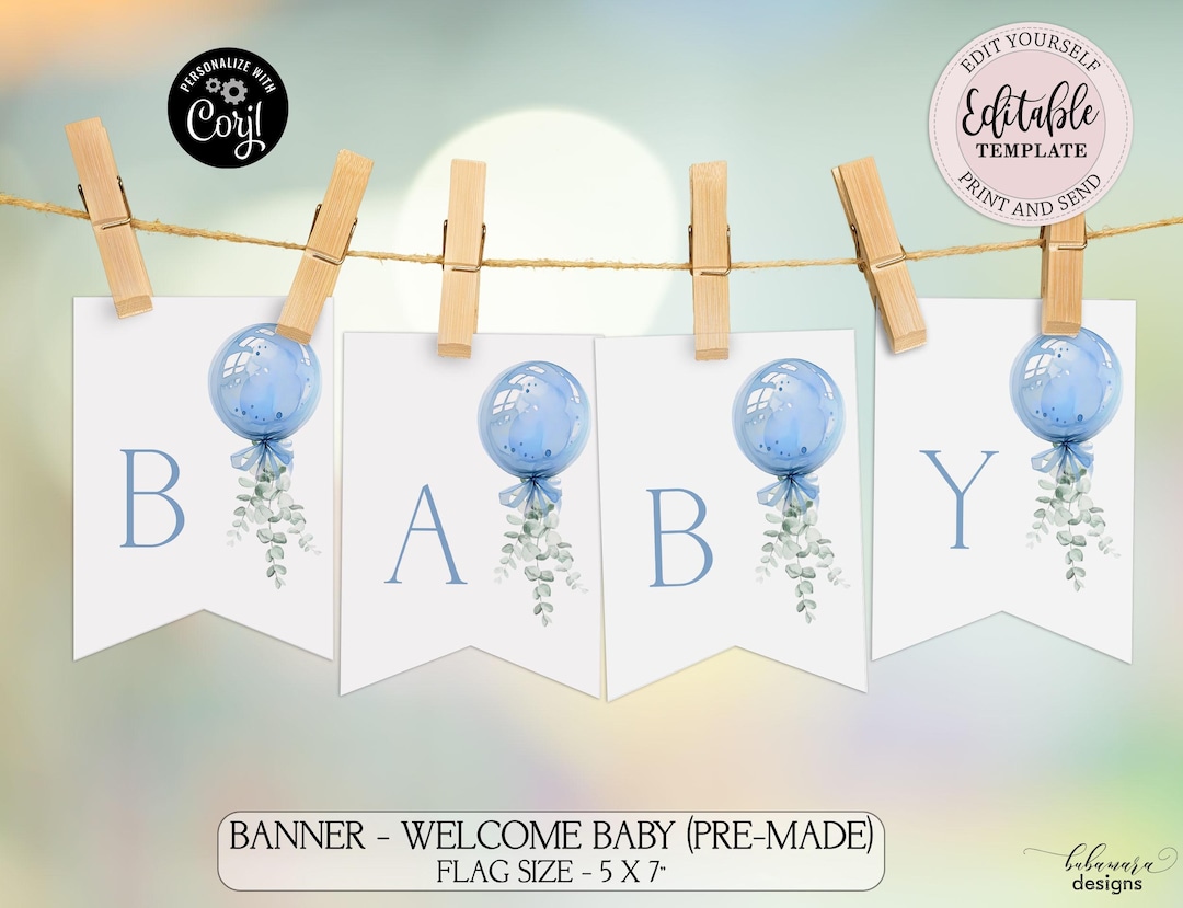 Editable It's a Boy Baby Shower Banner, Digital Blue Balloon Welcome ...