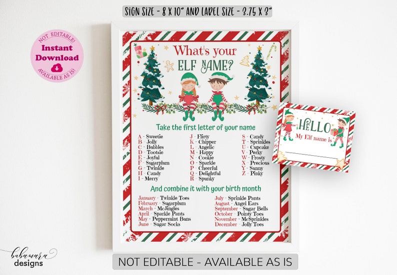 Printable What's Your Elf Name Game Sign Plus Label, Elf Name Game Sign ...