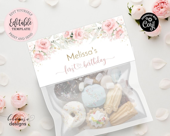 Editable Floral Bag Toppers, Blush Pink 1st Birthday Treat Bag Toppers ...