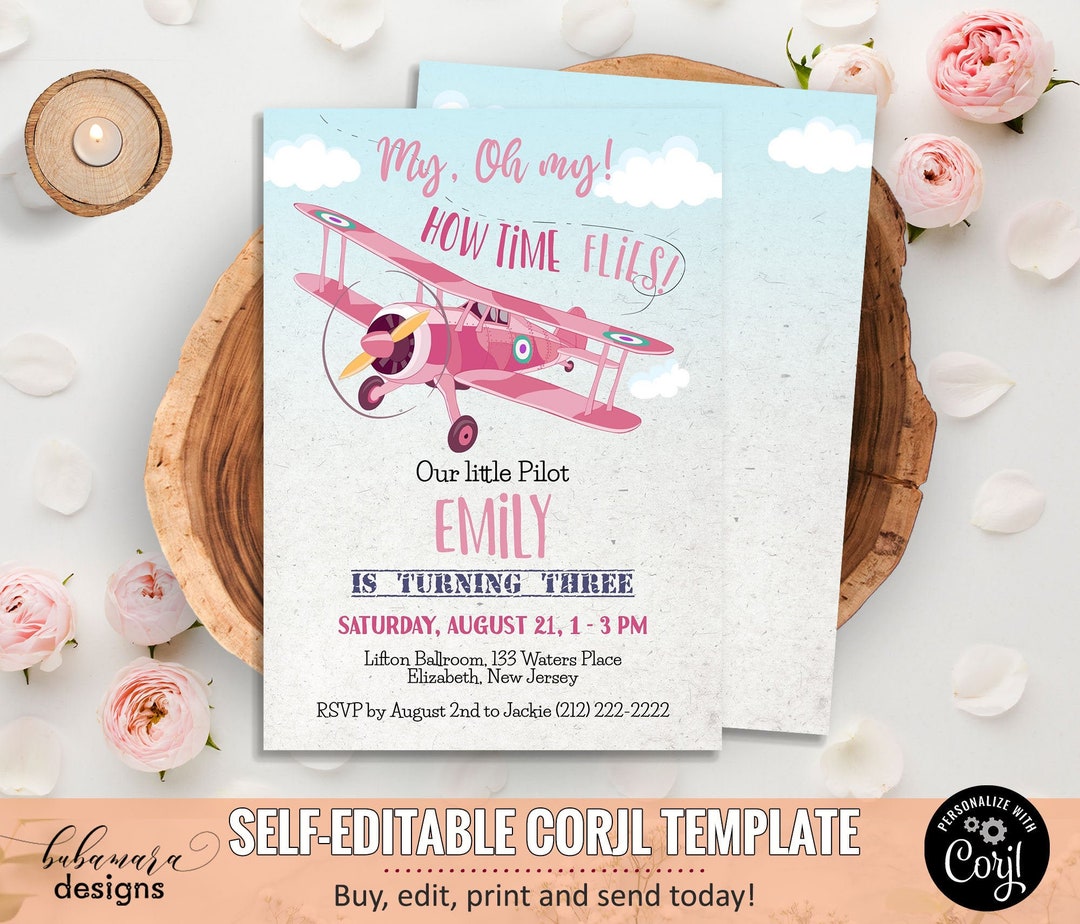 Pink Airplane Birthday Invitation Girl, Editable Plane Birthday ...