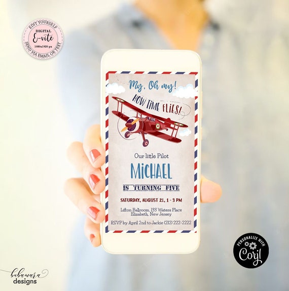 Airplane Birthday Evite, Editable Vintage Plane Pilot Boy Electronic ...