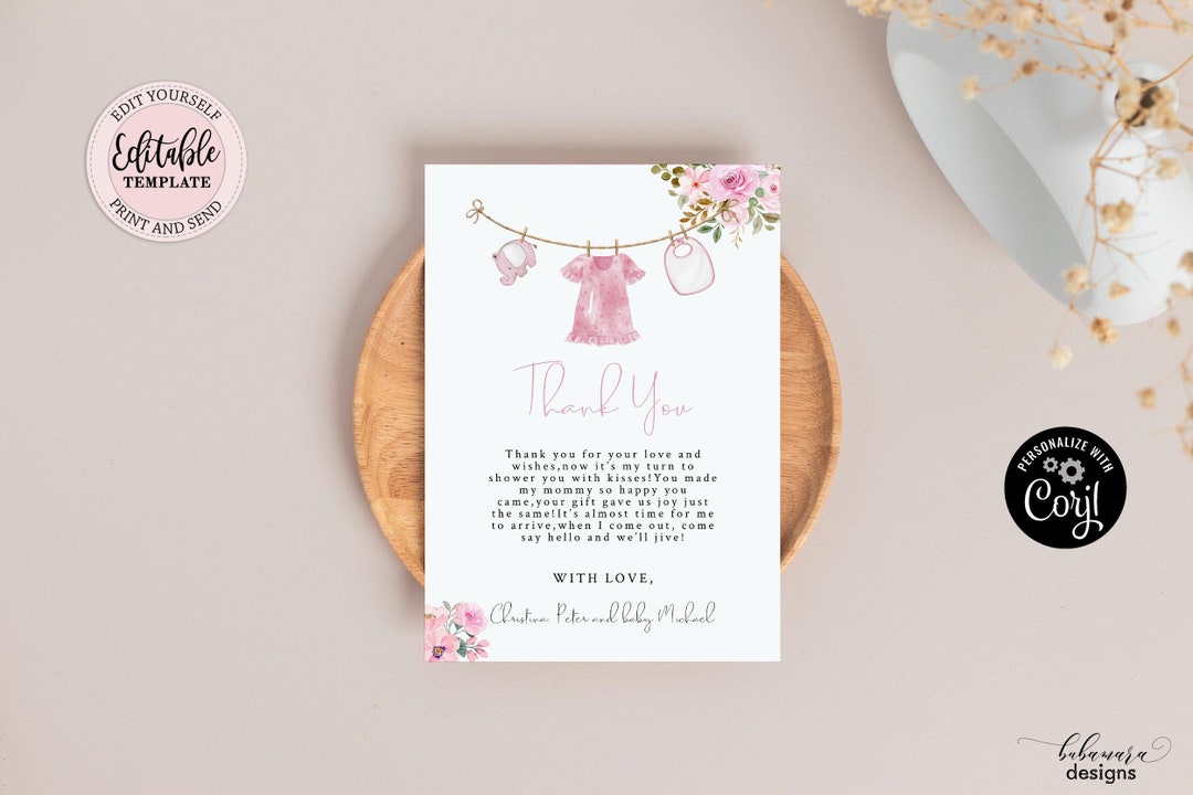 Editable Baby Clothes Thank You Card, Girl Pink Laundry Baby Shower ...
