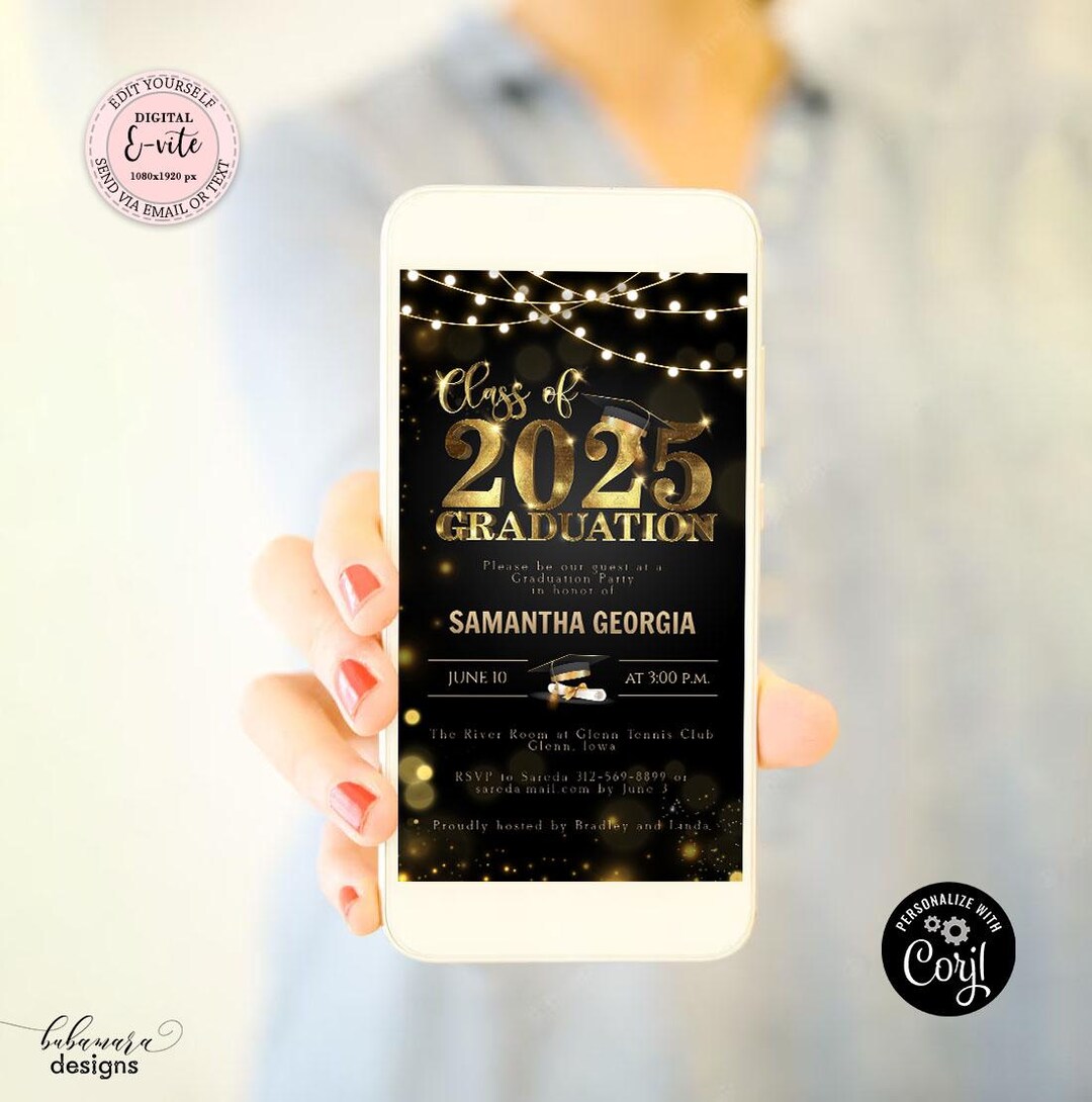 Editable Graduation Evite, Class of 2025 Graduation Evite, Black Gold ...