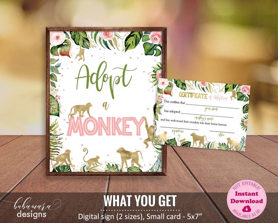 Adopt a Monkey Birthday Sign Girl, Gold Jungle Animals Table Sign ...