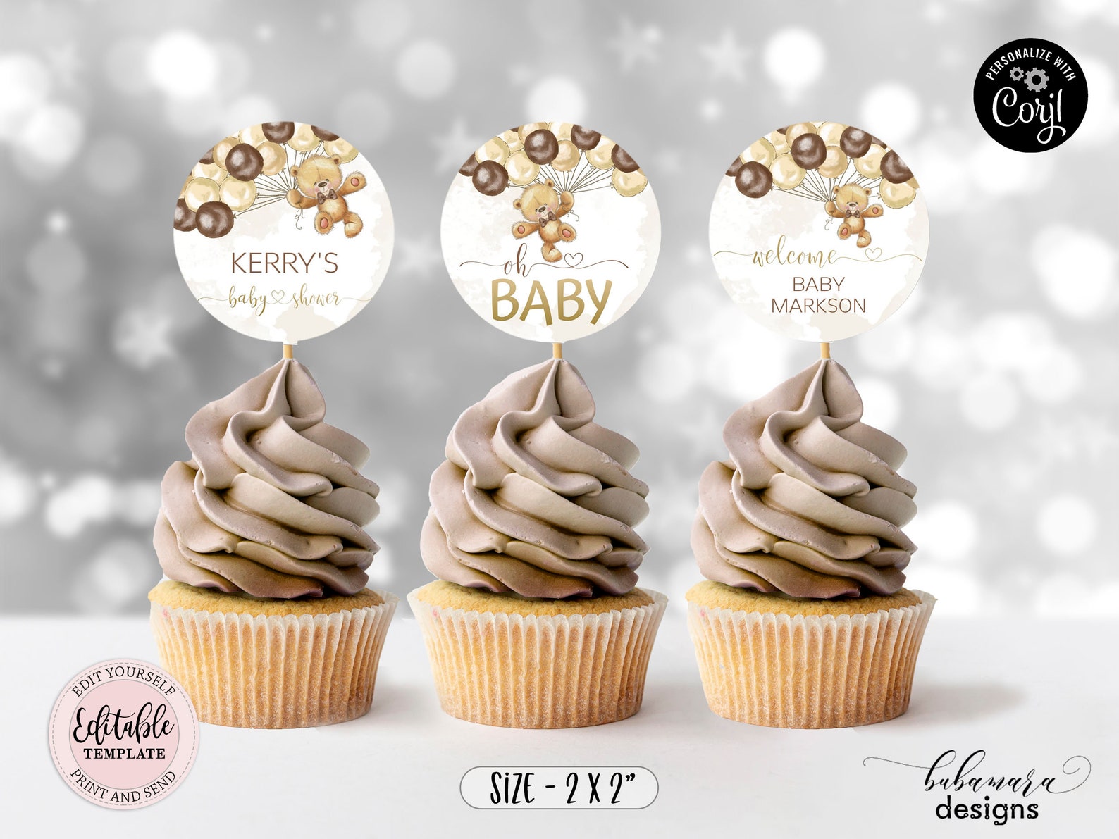 Editable Teddy Bear Cupcake Toppers Bear Brown Balloons 2 - Etsy