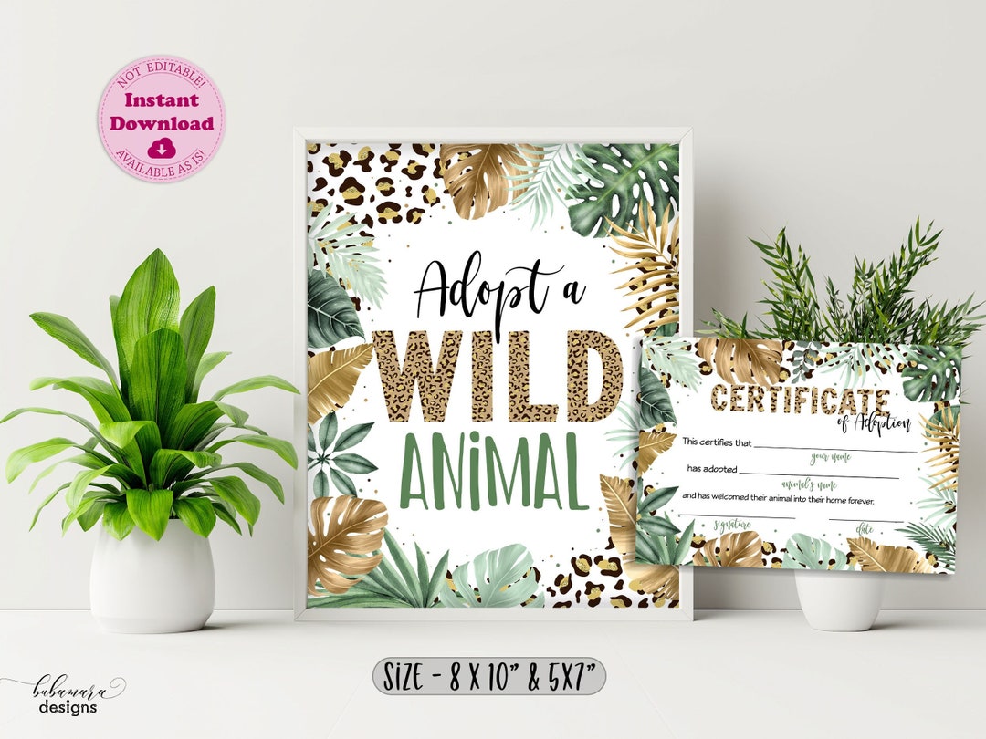 Adopt a Wild Animal Birthday Sign Boy, Safari Table Sign, Printable ...