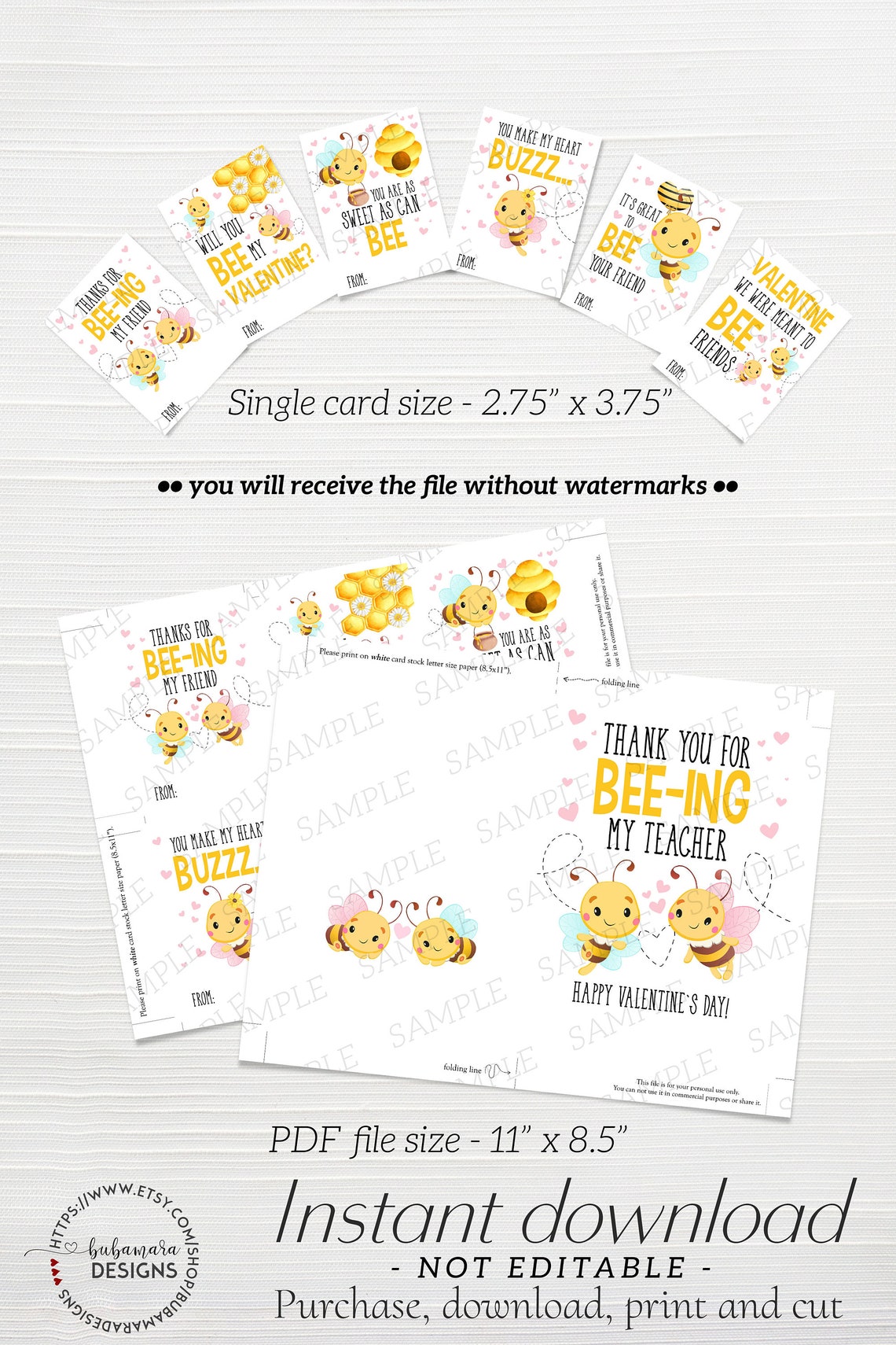 Printable Bee Valentine Cards, Bees Valentine Tags for Kids, Classroom ...