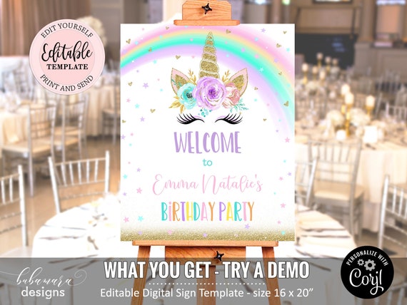 Unicorn Welcome Sign, Editable Unicorn Birthday Welcome Sign, Rainbow ...