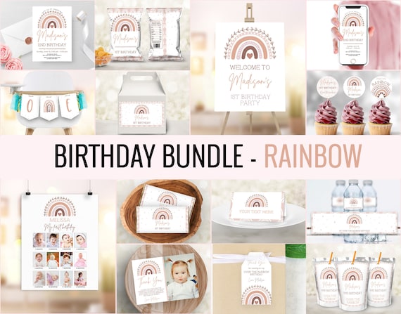 Boho Rainbow Birthday Bundle, Editable Pastel Bohemian Rainbow Birthday ...