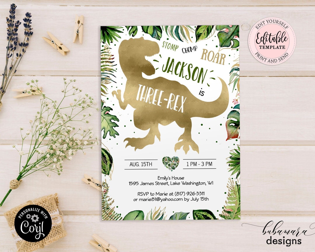 Three Rex Invitation Boy, T-rex Dinosaur Birthday Invitation, Gold T ...