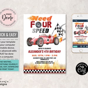 Editable Need Four Speed Race Car 4th Birthday Invitation, Red Racing ...