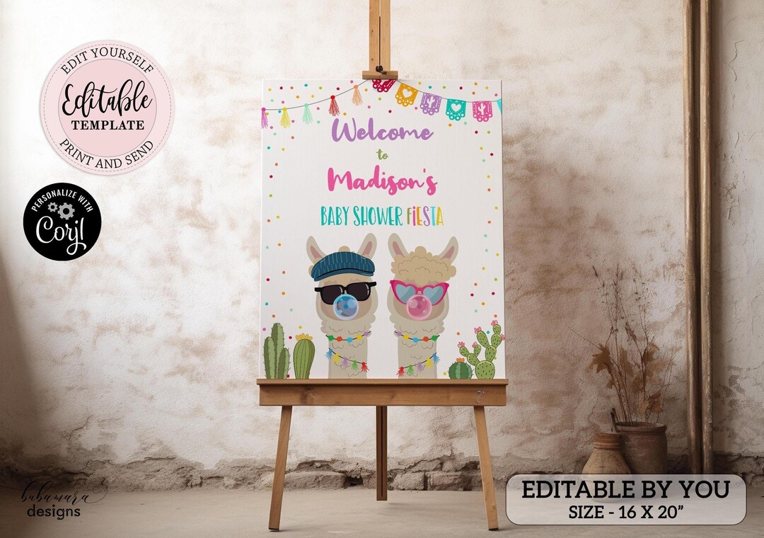 Editable Llama Welcome Sign, Llama Baby Shower Welcome Sign, Cactus ...
