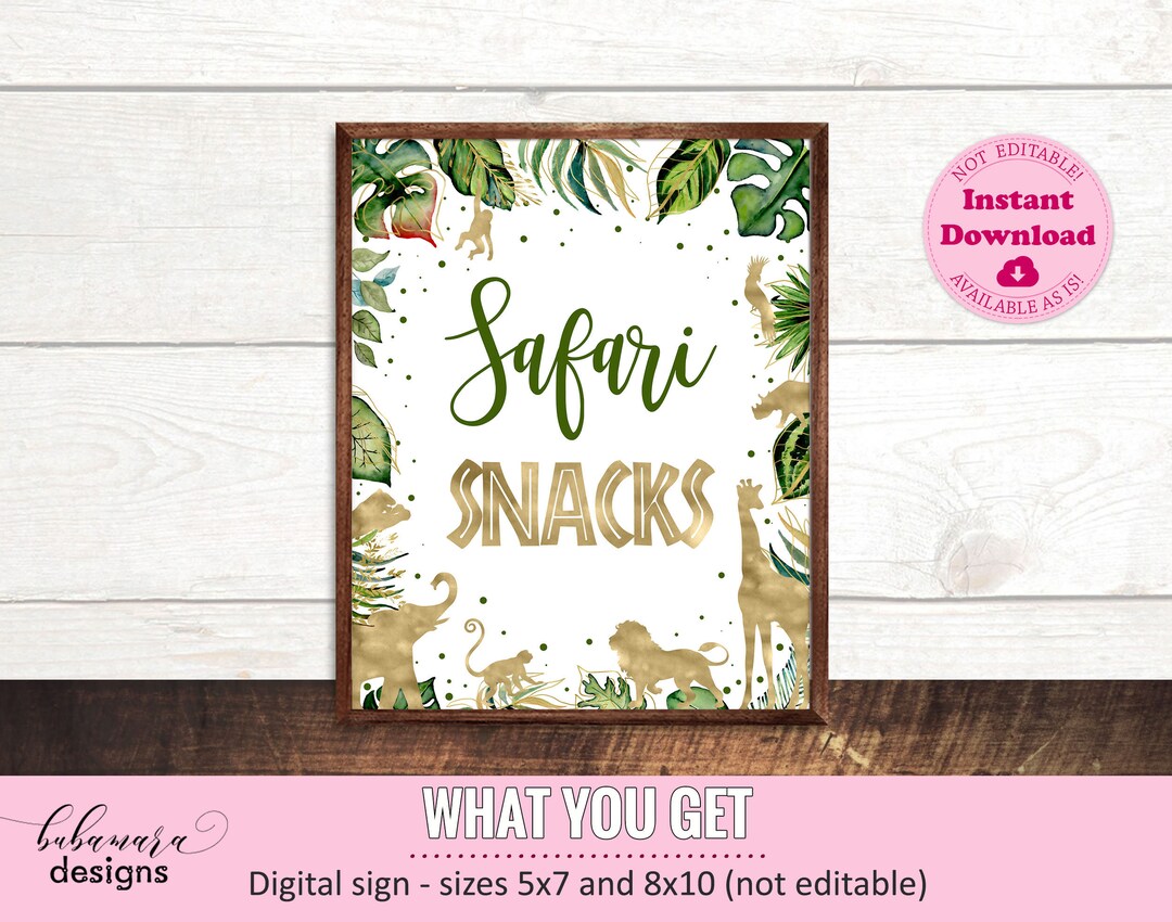 Safari Snacks Birthday Sign, Gold Jungle Animals Snacks Sign, Printable ...