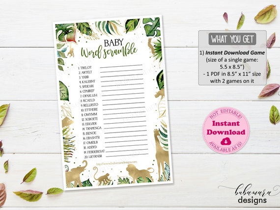 Baby Word Scramble Game, Scrambled Words Baby Shower Game, Safari Theme ...