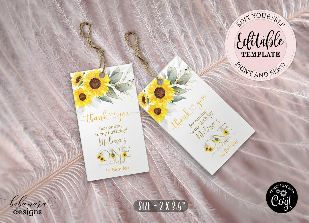Sunflowers Guest Tag, Editable Yellow Gold Floral Birthday Favor Tags ...