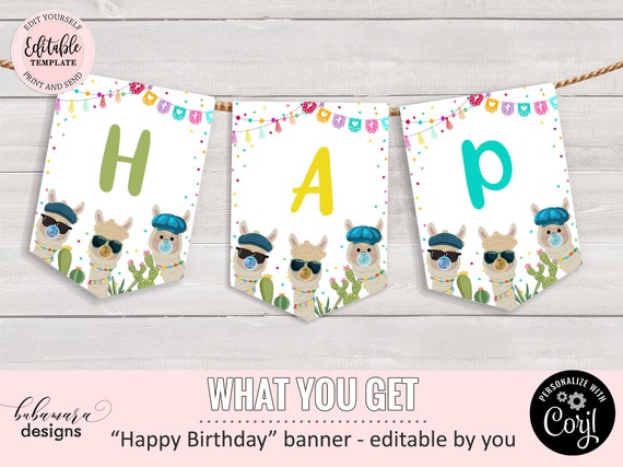 Editable Llamas Banner, Alpaca Pennants, Boy Happy Birthday Llama ...