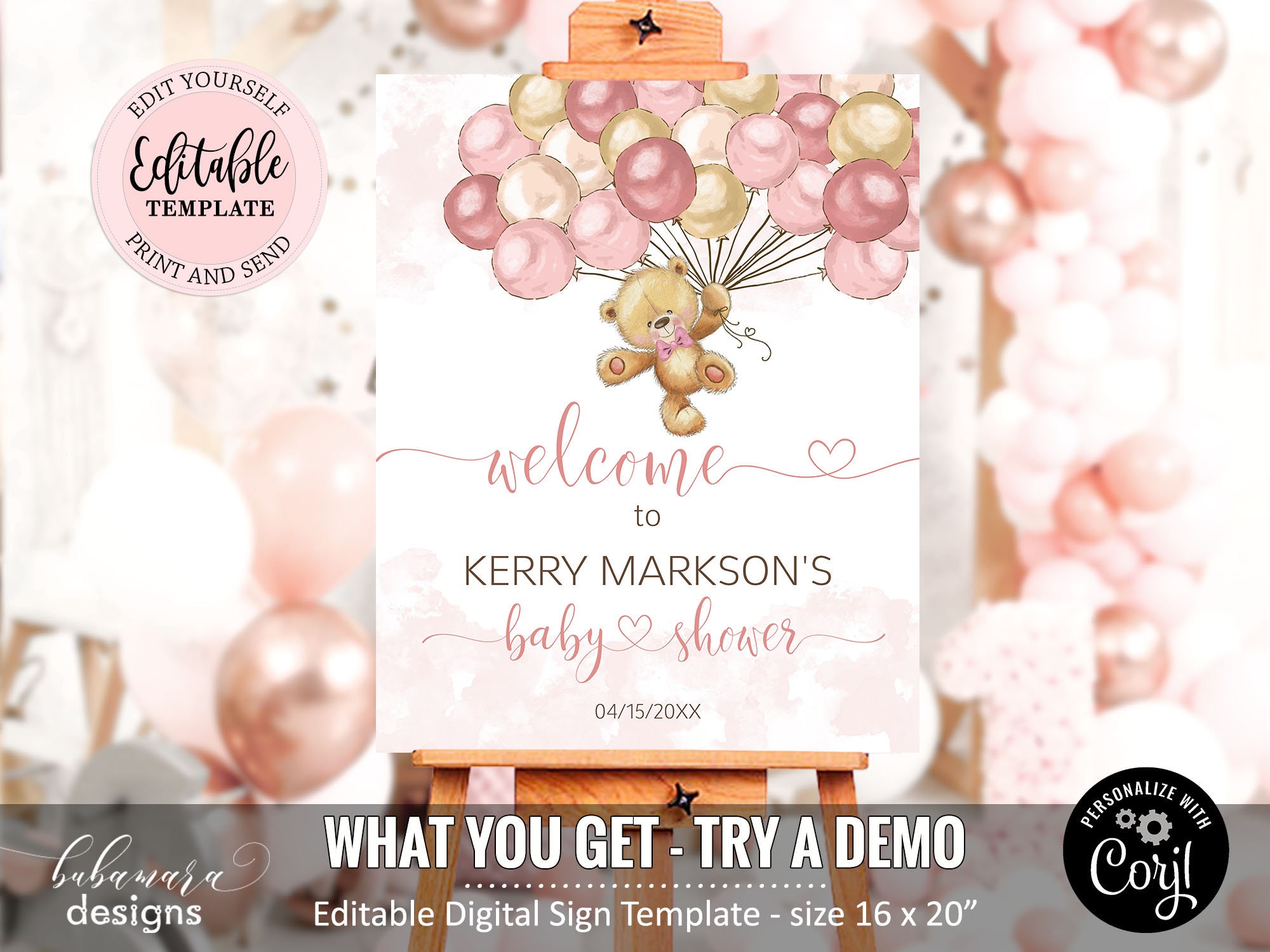 Editable Teddy Bear Welcome Sign Blush Pink Balloons Bear - Etsy