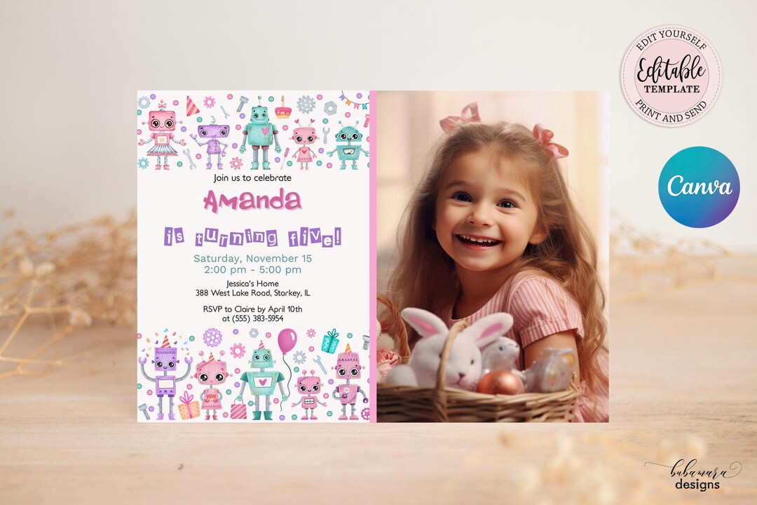 Editable Robot Birthday Photo Invitation, Girl Robots Party Birthday ...