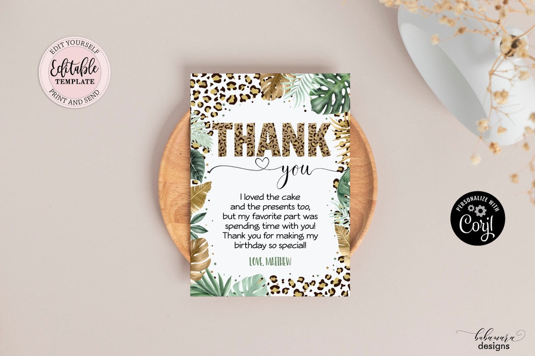 Editable Leopard Print Thank You Card, Jungle Thank You Note, Tropical ...