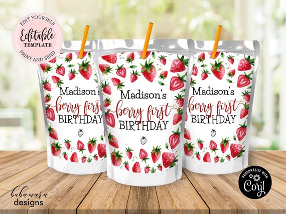 Editable Strawberries Juice Box Label, Berry First Birthday Party Juice ...