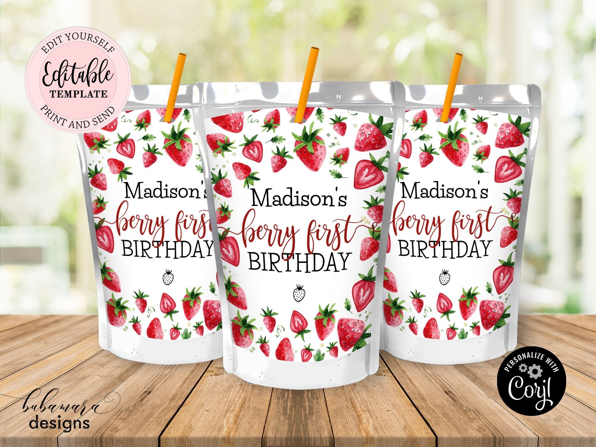 Editable Strawberries Juice Box Label Berry First Birthday - Etsy