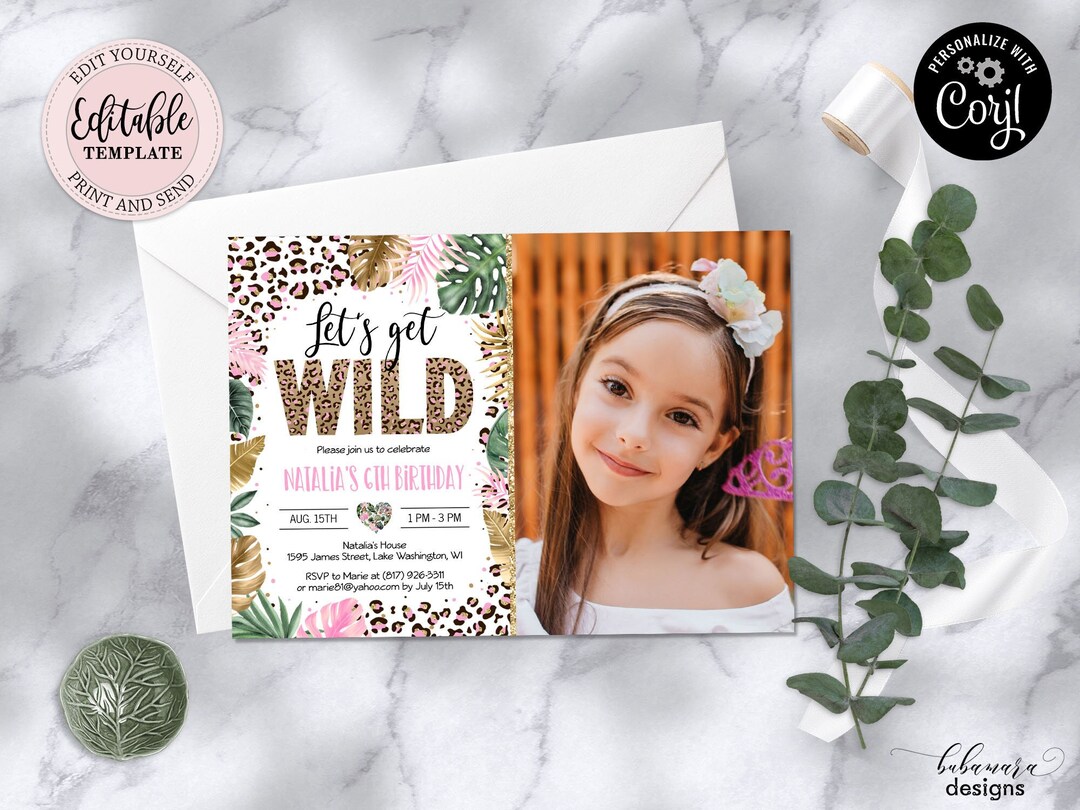 Editable Let's Get Wild Photo Invitation, Safari Girl Birthday Invite ...