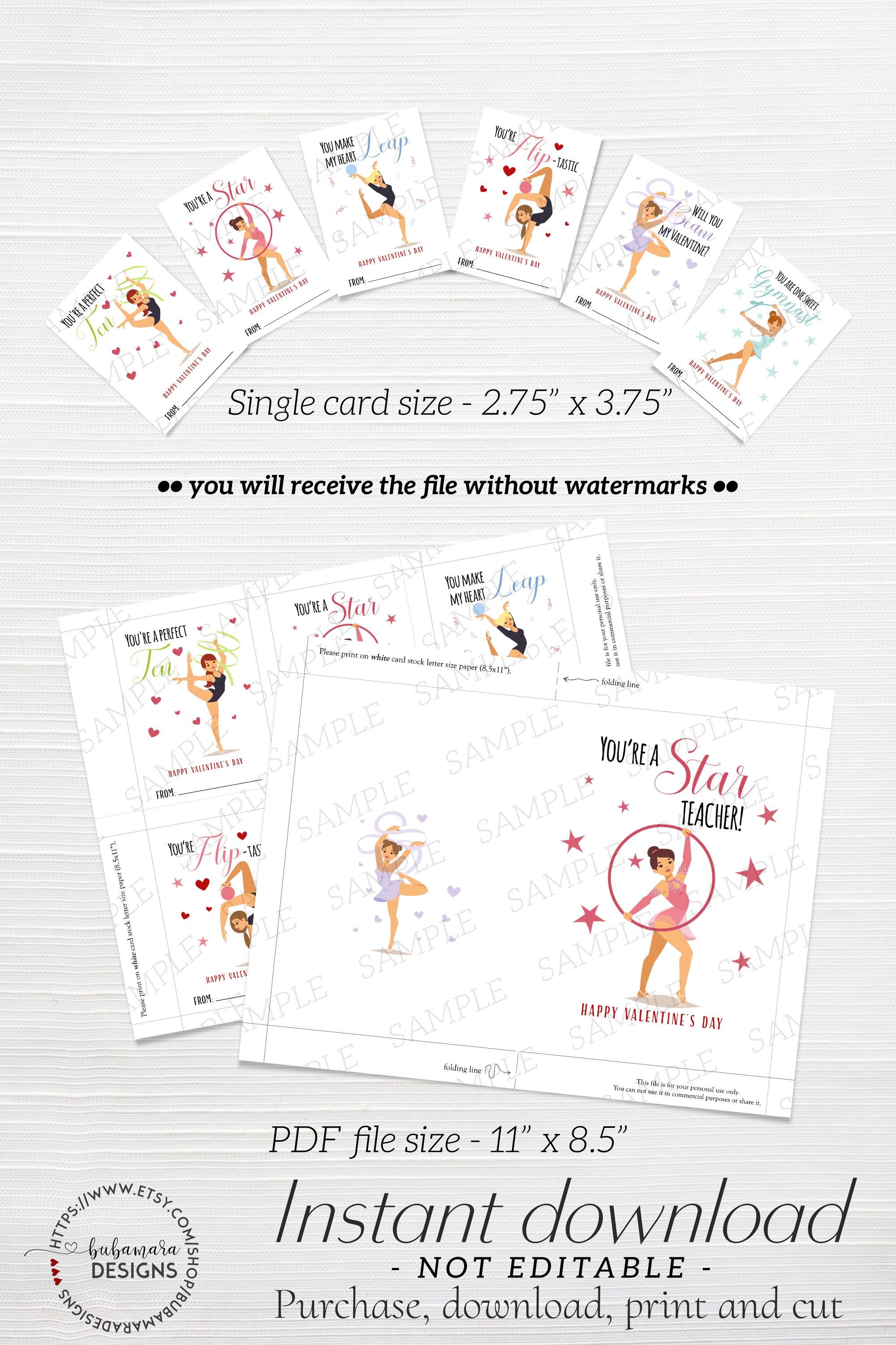 Printable Gymnast Valentine Cards, Gymnastics Tags for Kids, Classroom ...