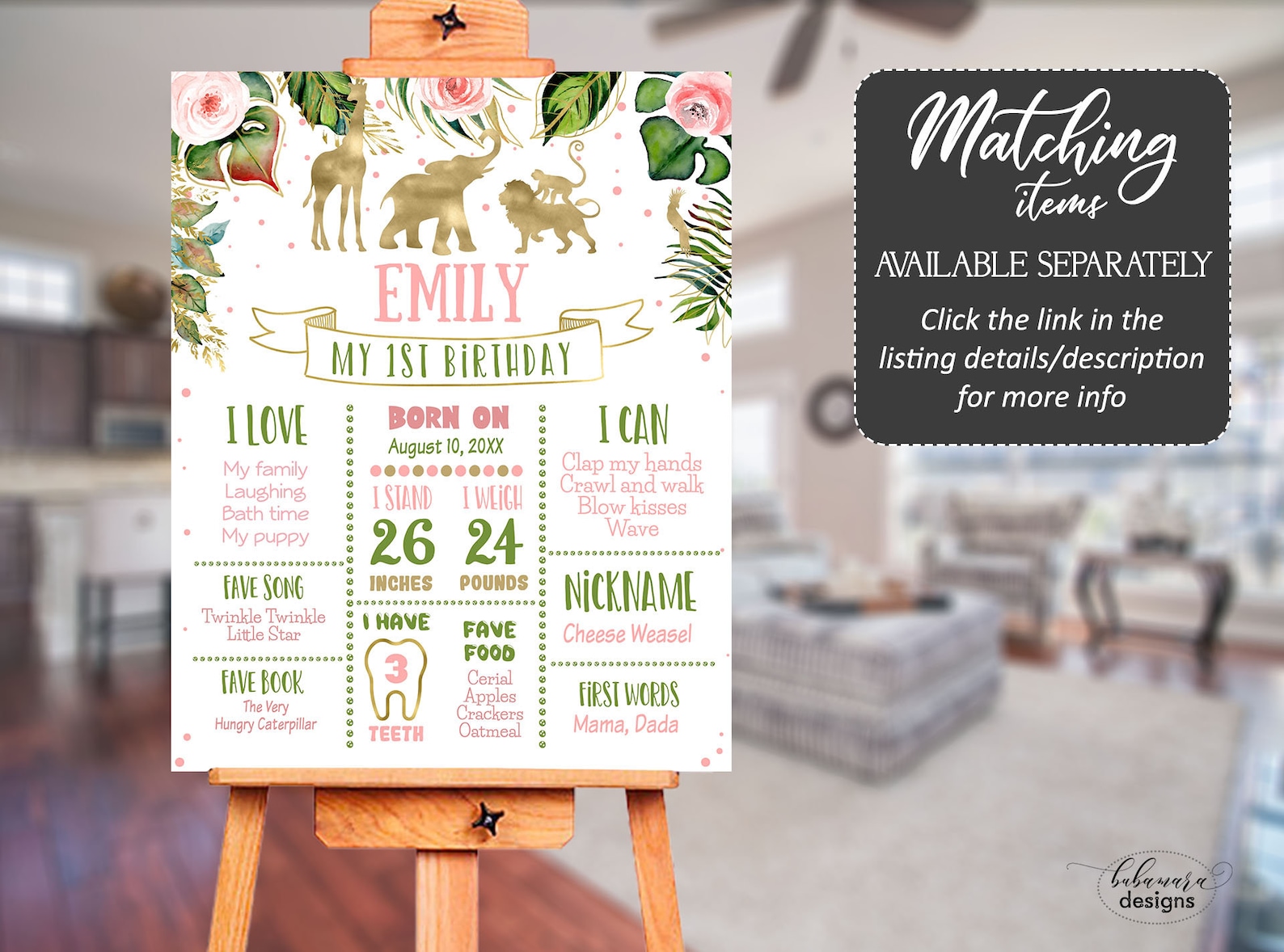 Adopt an Animal Birthday Sign Girl, Gold Jungle Animals Table Sign ...