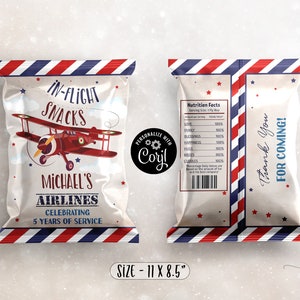 Editable Vintage Airplane Birthday Chip Bag, Red Blue Airplane Chip Bag ...