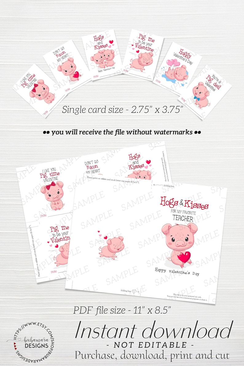 Printable Pig Valentine Cards, Hogs and Kisses Valentine Tags for Kids ...