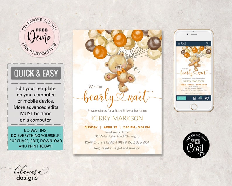 Editable Bear Balloons Baby Shower Invitation Template Orange - Etsy