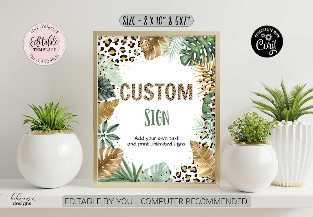 Editable Leopard Print Custom Sign, Safari Custom Sign, Tropical Jungle ...