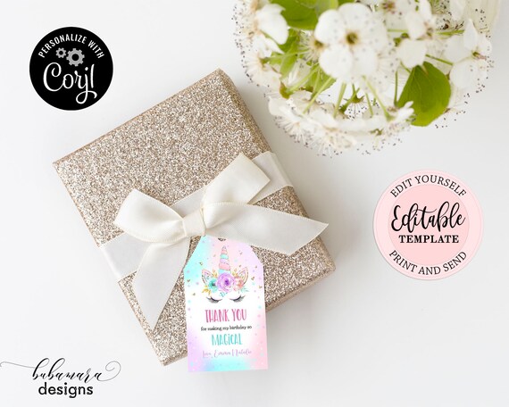 Editable Unicorn Gift Tag Template, Floral Unicorn Birthday Favor Tag ...