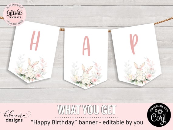 Editable Bunny Banner, Happy Birthday Bunny Banner, Blush Pink Floral ...
