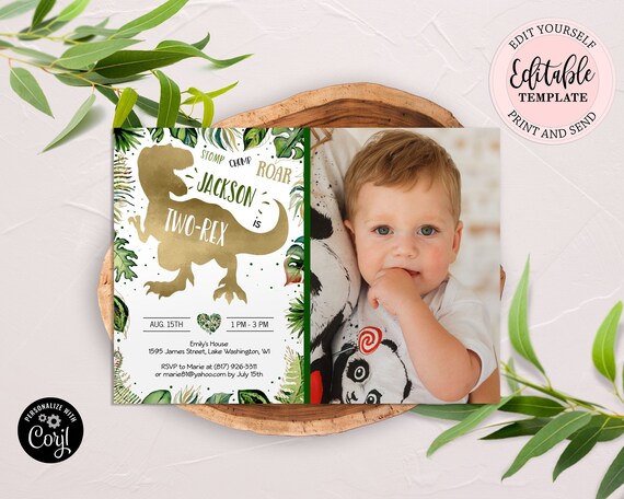 Two Rex Birthday Invitation Photo, Editable T-Rex Dinosaur Birthday ...