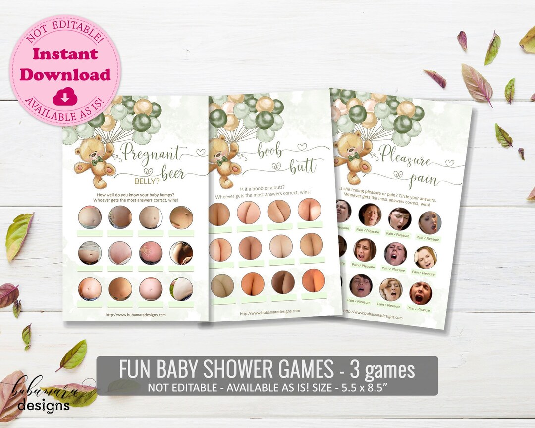 Teddy Bear Baby Shower Game Bundle, Boy Baby Shower Games, Boob, Labor, Beer Belly, Butt, Green ...
