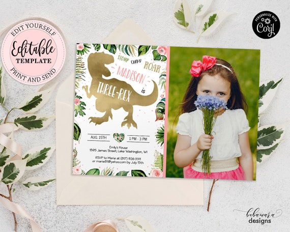 Three Rex Birthday Invitation Photo Editable T Rex Dinosaur Birthday 