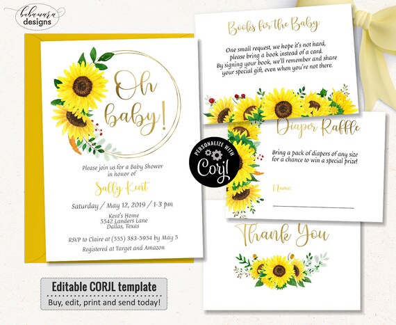 Editable Template Sunflower Baby Shower Invitation Bundle Oh Baby ...