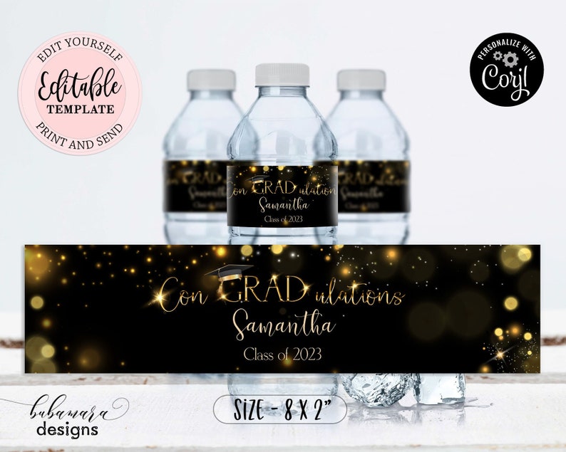 Editable Graduation Water Bottle Label Black Gold Lights - Etsy