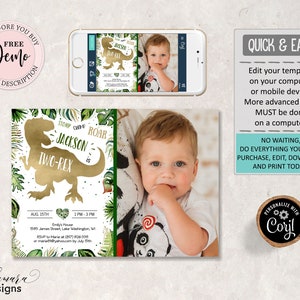 Two Rex Birthday Invitation Photo Editable T-rex Dinosaur - Etsy