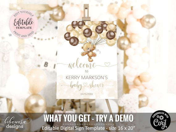 Editable Teddy Bear Welcome Sign Brown Gold Balloons Bear - Etsy