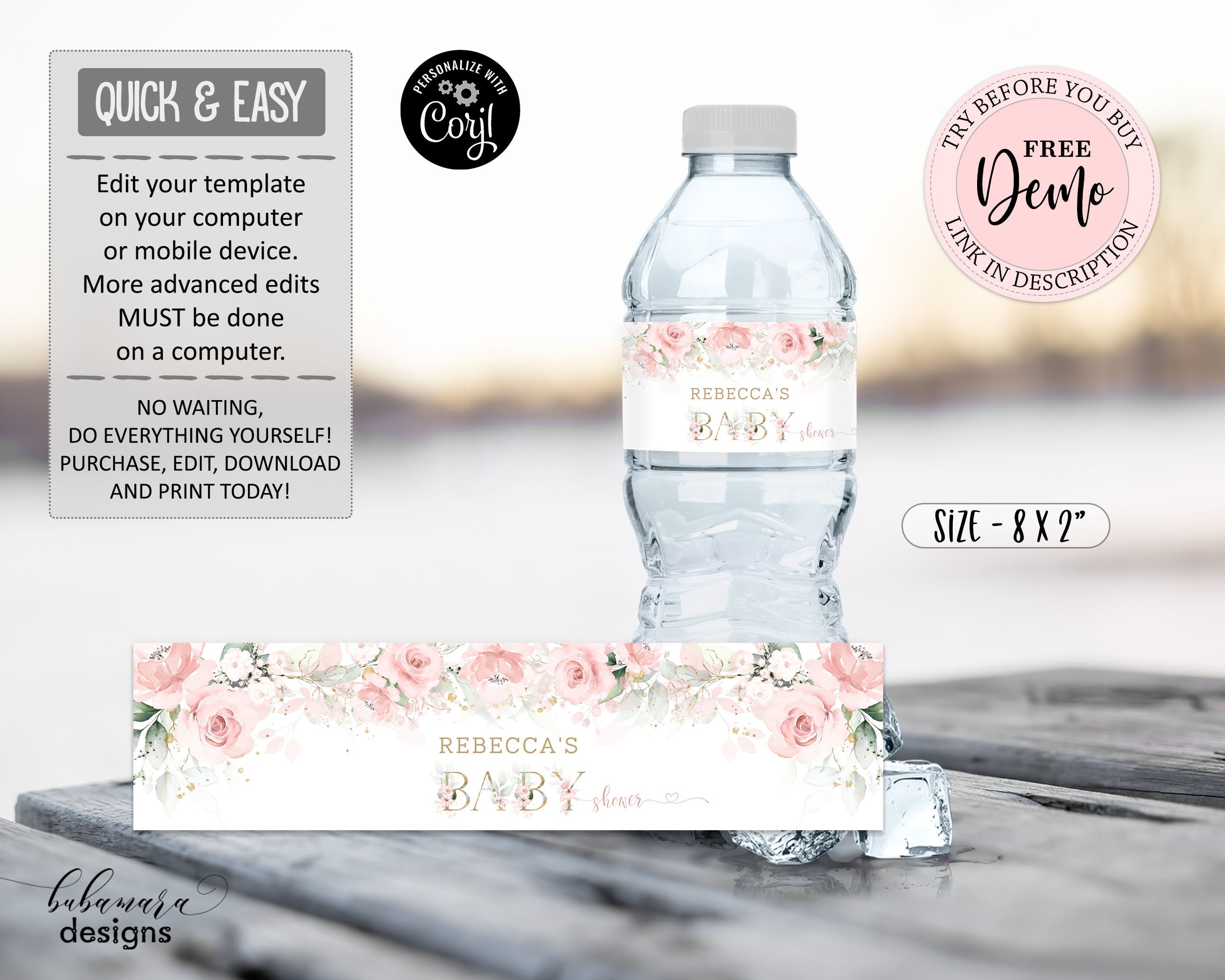Editable Blush Pink Floral Water Bottle Label Pink Gold - Etsy