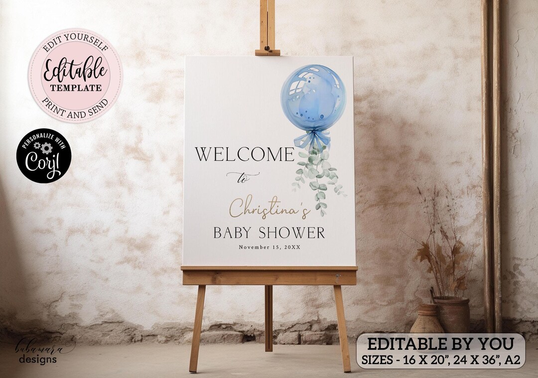 Editable It's a Boy Welcome Sign, Digital Blue Balloon Baby Shower ...