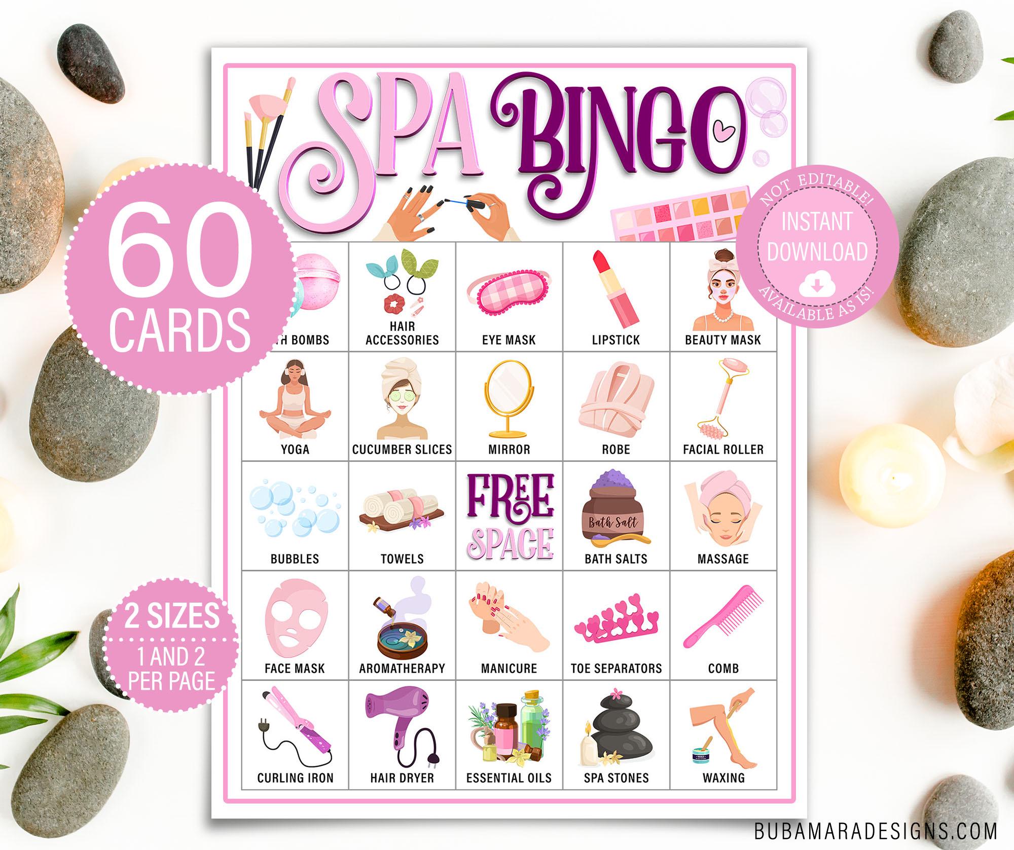 60 Spa Bingo Cards, Printable Spa Birthday Party Bingo, Pamper Kids ...