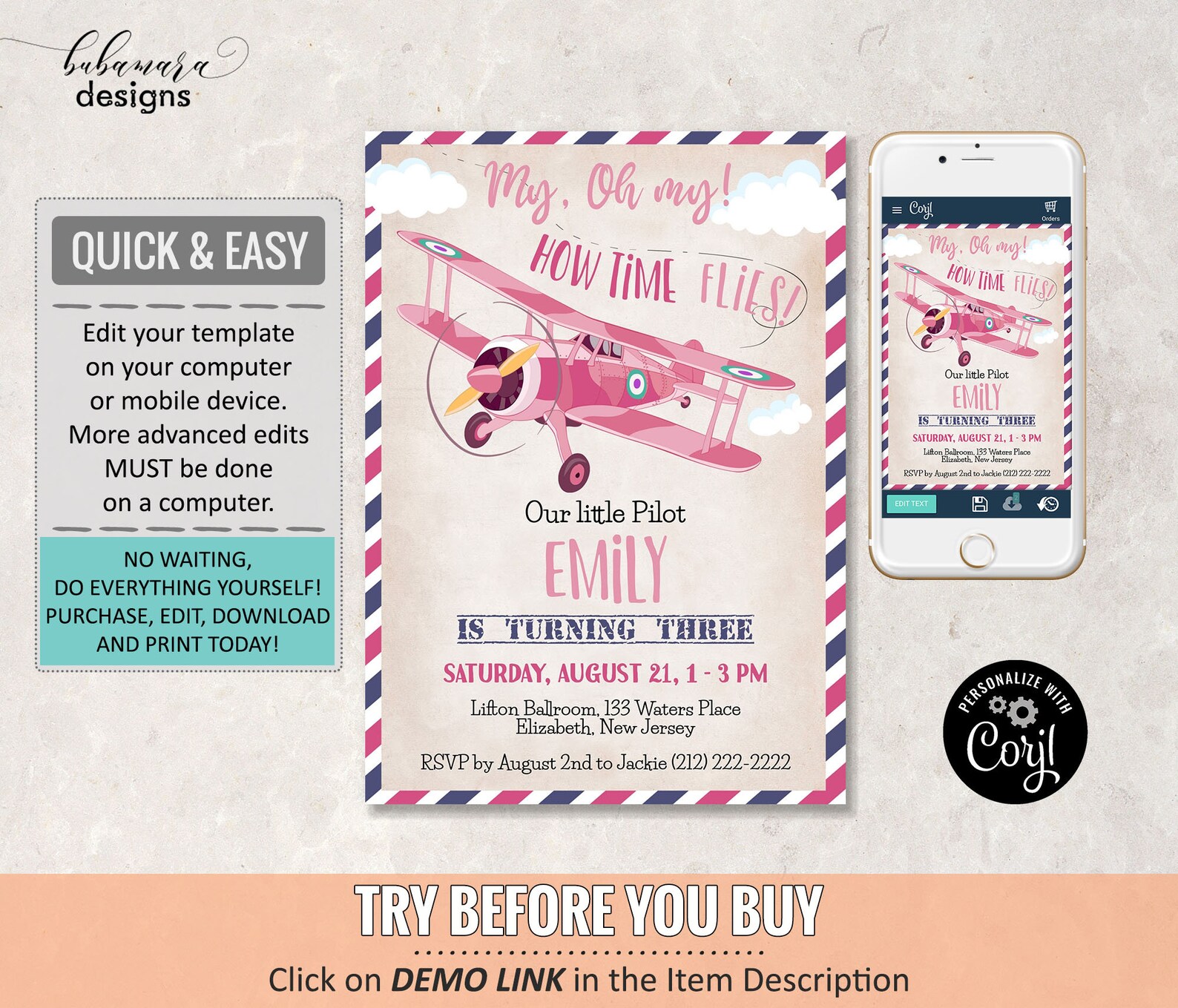 Airplane Birthday Invitation Girl Editable Pink Airplane - Etsy