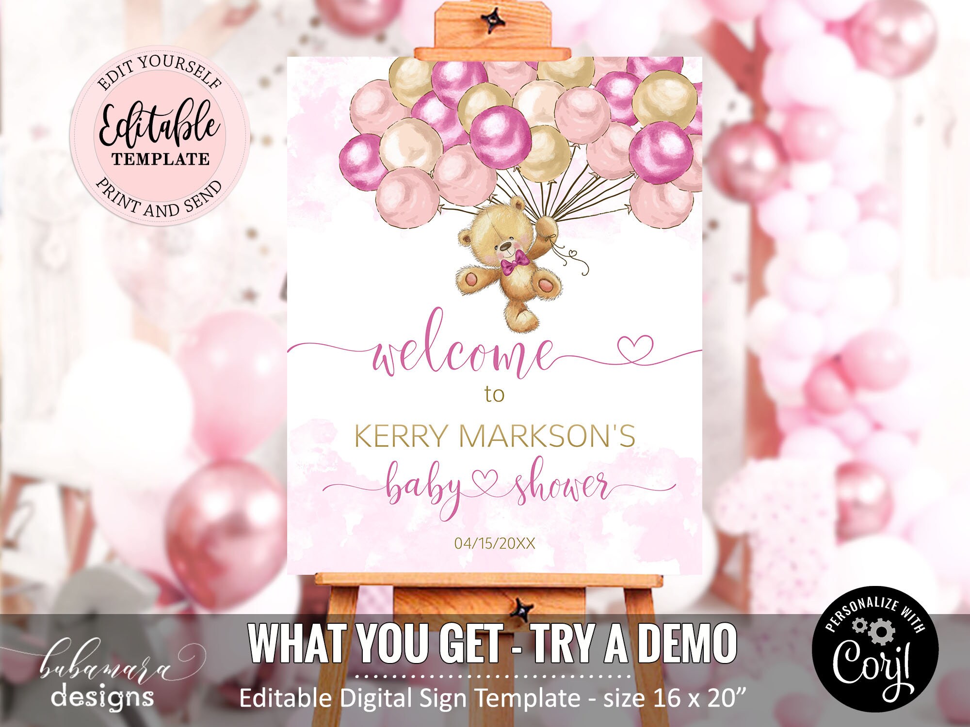 Editable Teddy Bear Welcome Sign Pink Gold Balloons Bear Baby - Etsy