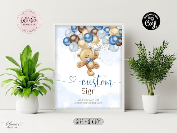 Editable Teddy Bear Custom Sign, Blue Brown Balloons Bear Custom Table ...