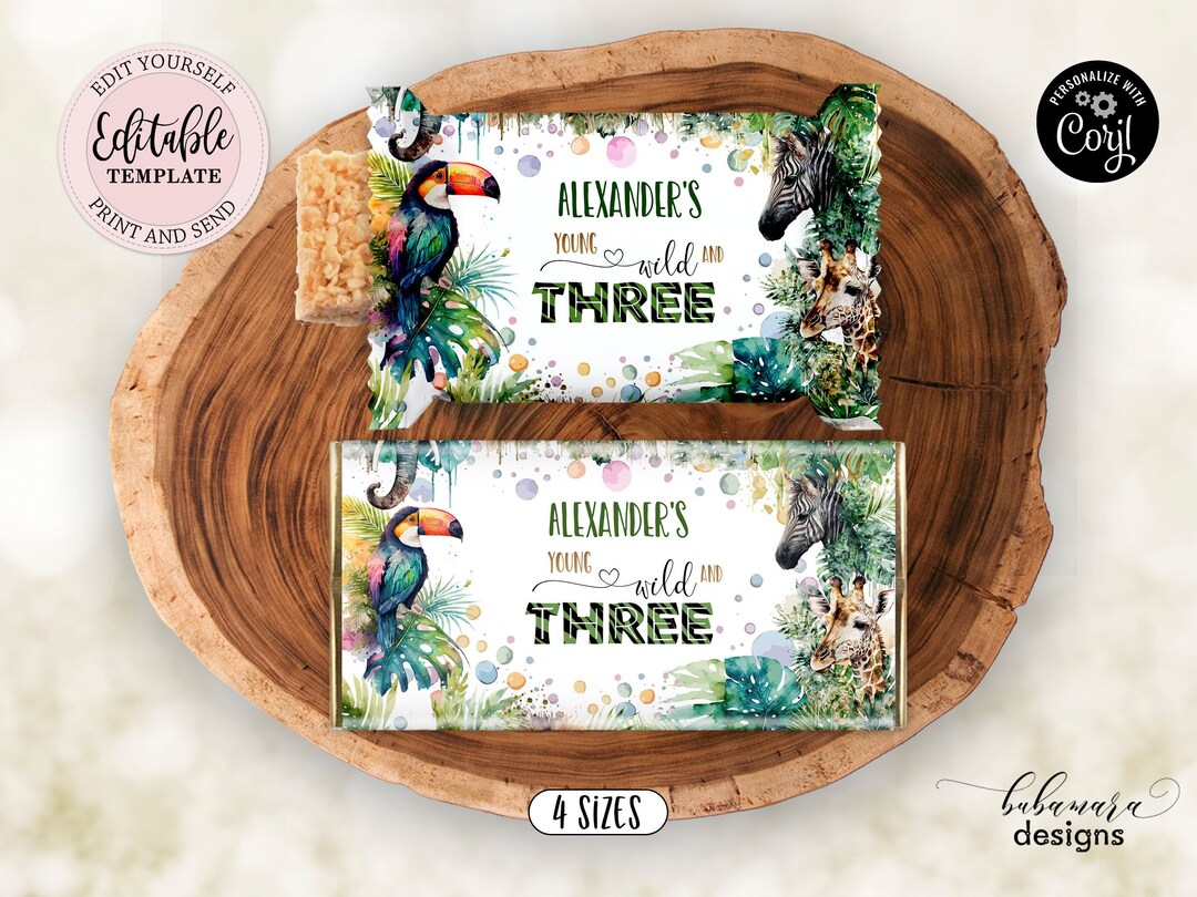 Editable Safari Young Wild & Three Wrapper, Tiger Zebra Print Candy Bar ...