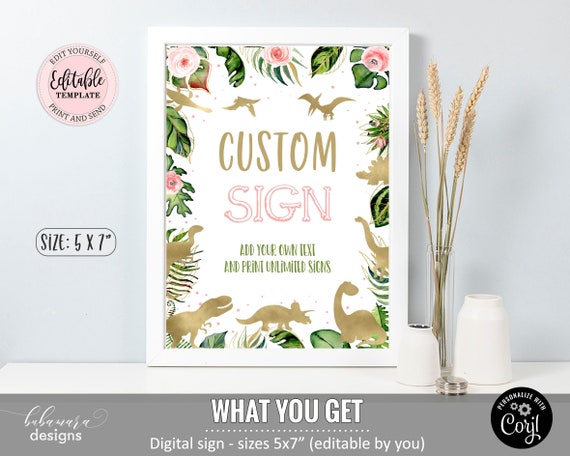 Editable Dinosaur Custom Sign 5x7, Gold Dinosaurs Safari Custom Sign ...